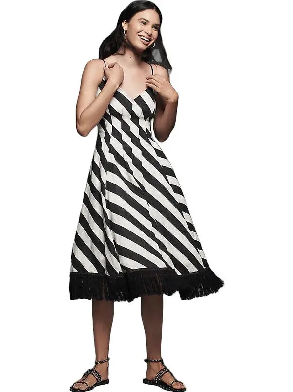 HOPE FOR FLOWERS BY TRACY REESE Linen Fringe Midi Dress - Black & White Pattern