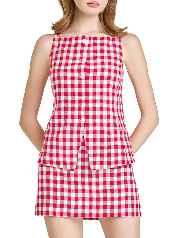 WAYF X Styled Coco! Gracie Gingham Linen Blend Button-up Vest - Red Gingham