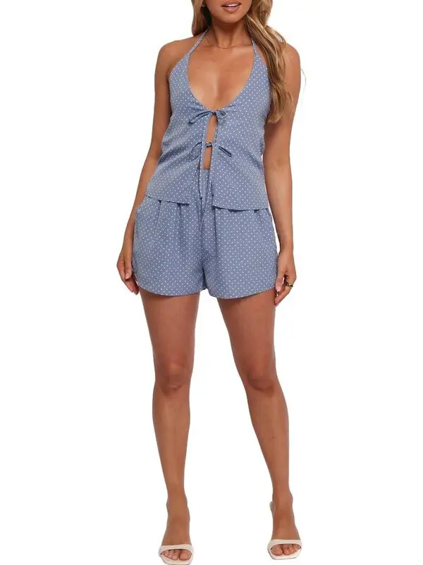 PETAL & PUP Beau Tie Front Halter Top & Shorts Set - Blue Dot