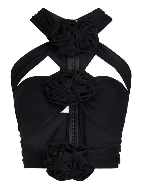Magda Butrym Cutout Floral-appliquéd Jersey Top - Black