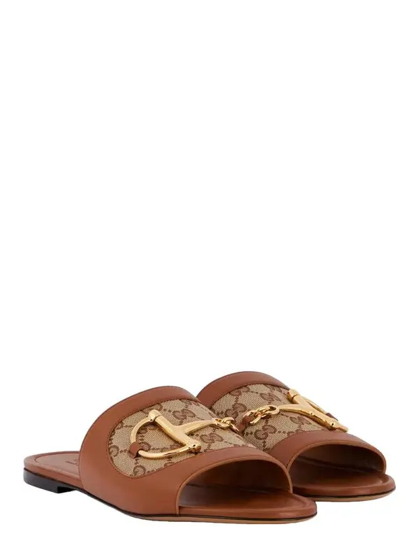 Gucci Horsebit Gg Canvas-trimmed Leather Slides - Brown