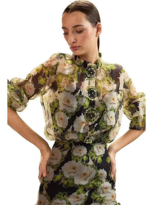 Cynthia Rowley Cornelia Silk Blouse - Black / Multicolor / Floral