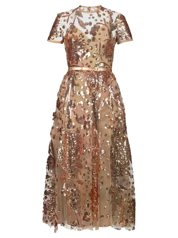 Elie Saab Embroidered Tulle Midi Dress - Neutrals