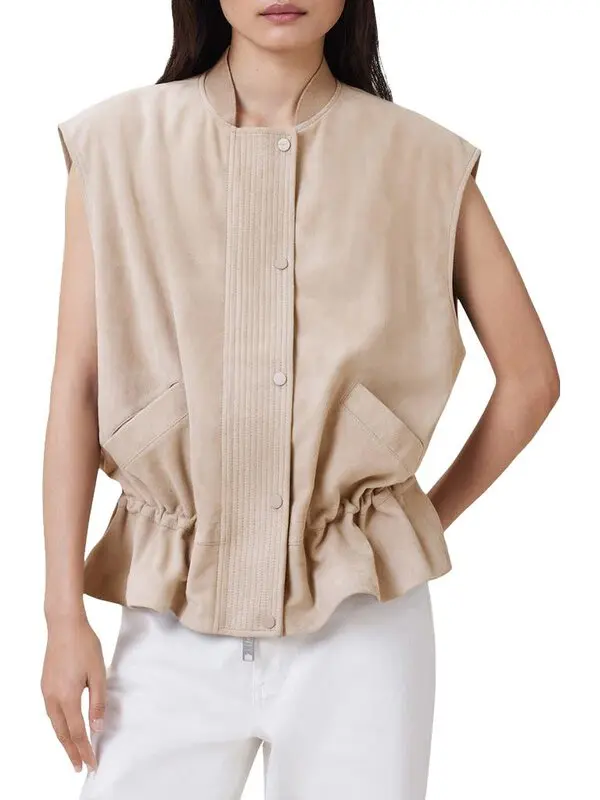 All Saints Sofi Suede Bomber Vest - Silver Birch Grey