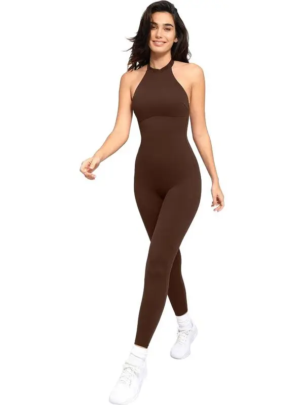 POPILUSH Shapewear Body-sculpting Halter Neck Jumpsuit - Chocolate