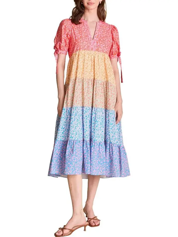 English Factory Floral Colorblock Tiered Cotton Midi Dress - Multi