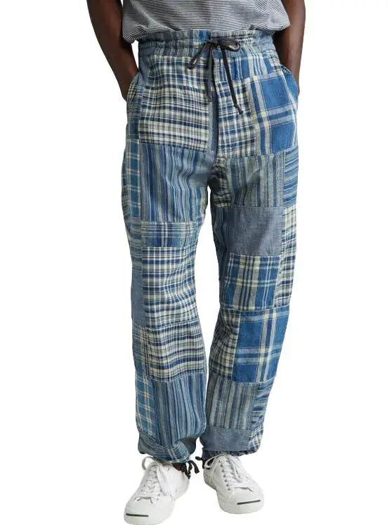 Double Rl Indigo Patchwork Cotton & Linen Drawstring Pants - Indigo/ Creme Multi