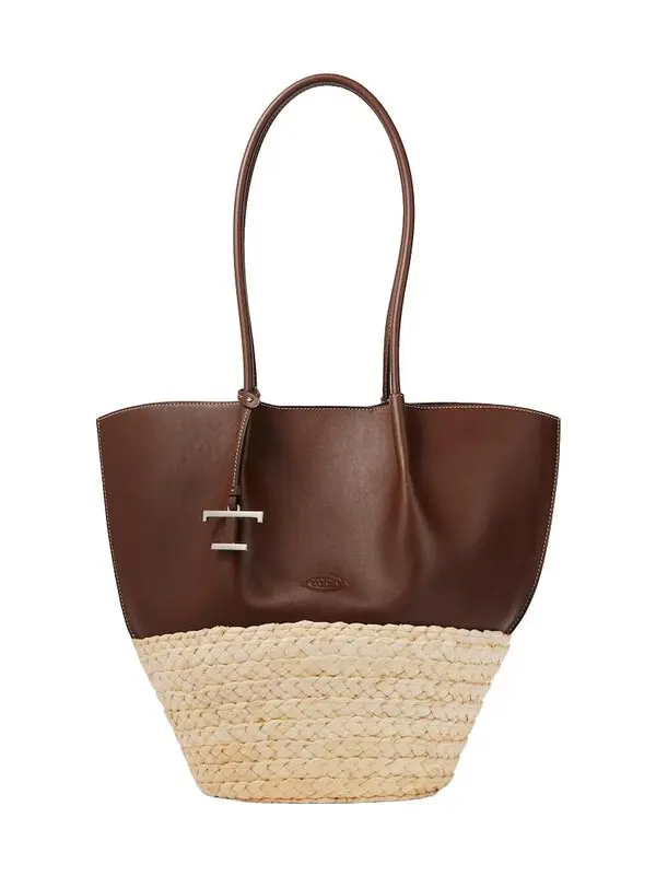 TOD'S Leather And Raffia Shopper - Neutrals