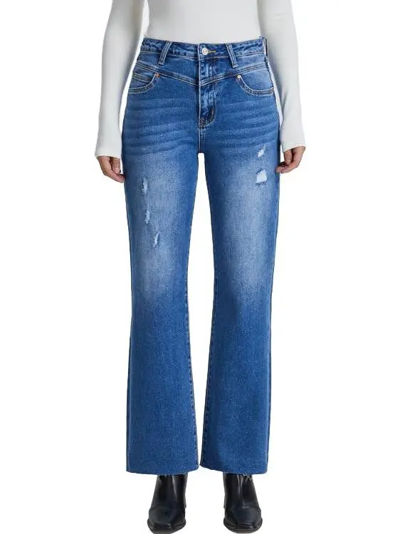 BAYEAS Raw Hem High-waist Straight Leg Jeans - Medium Blue