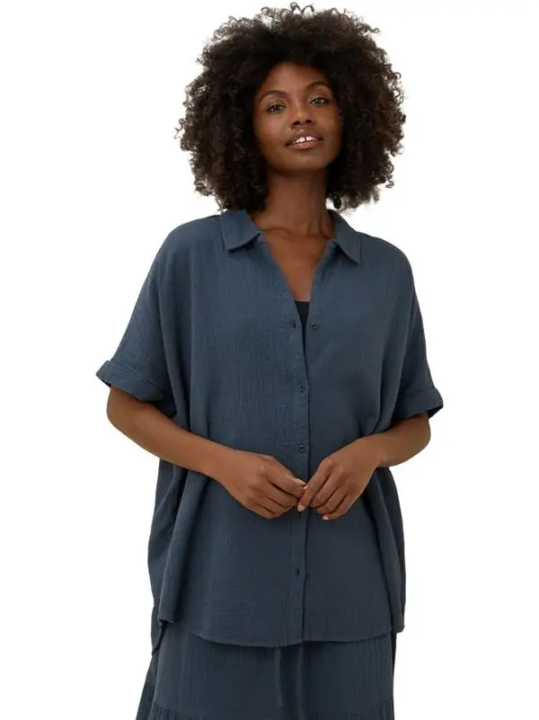 PACT Organic Cotton Coastal Double Gauze Oversized Shirt - French Navy