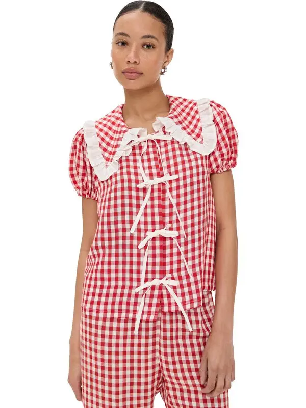 Sleeper Puff Linen Lounge Shirt - Red Vichy