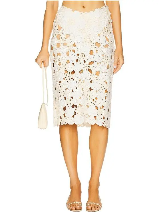 For Love & Lemons Floral Crochet Midi Skirt - White