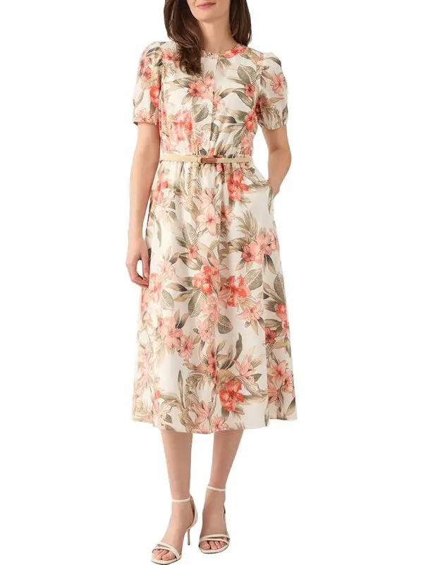 KASPER Floral Puff Sleeve Cotton Midi Dress - Vanilla Ice Multi