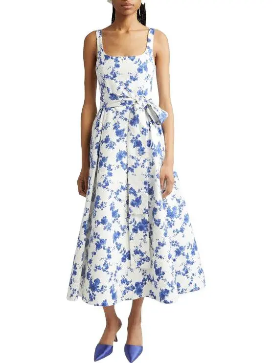 Carolina Herrera Floral Print Belted Faille Midi Dress - White Multi