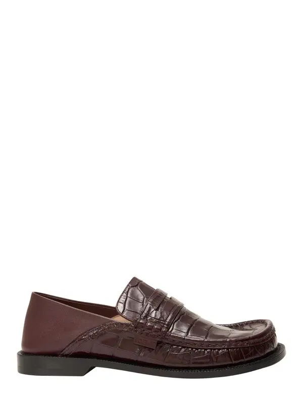 Loewe Calfskin Croc-embossed Campo Loafers - Burgundy