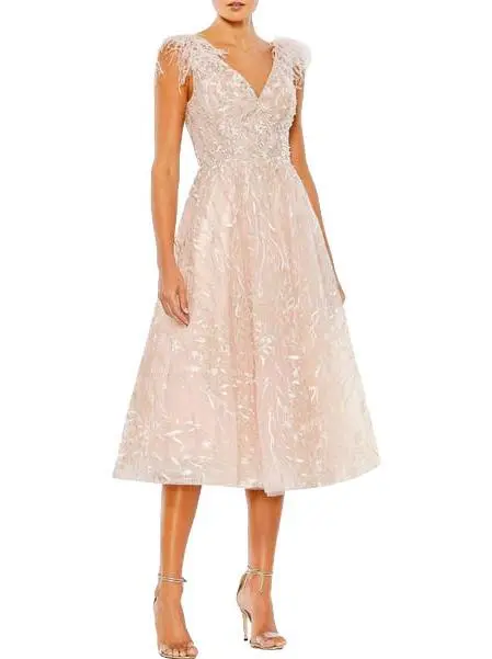 Mac Duggal Embroidered Feather Detail Midi Dress - Pink
