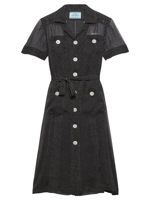Prada Polka-dot Chiffon Short-sleeve Midi Shirtdress - Nero