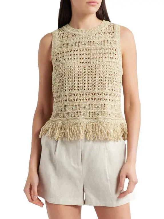 MILLY Beaded Fringe Sweater Tank - Beige Multi