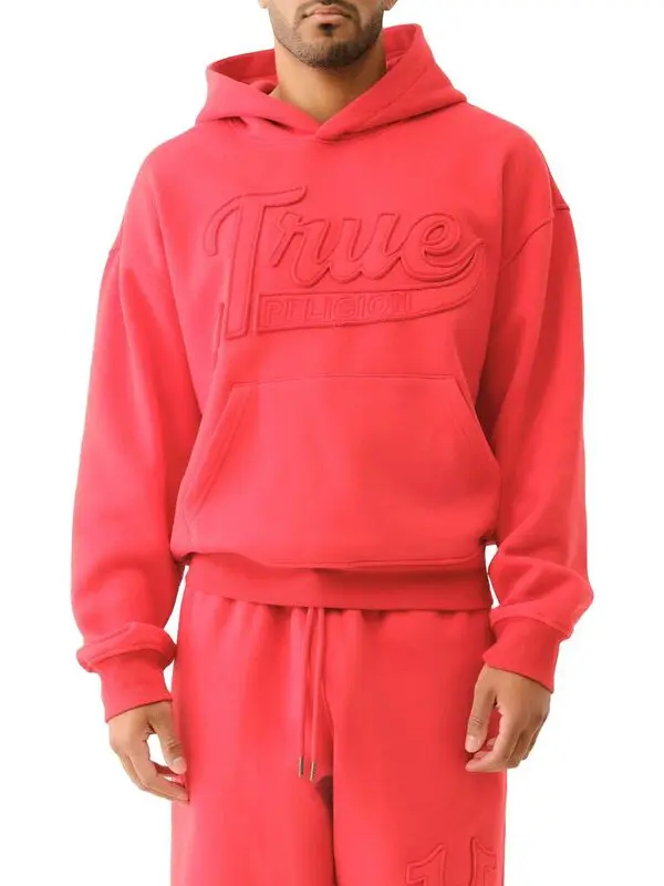 True Religion Embroidered Logo Cotton Blend Crop Hoodie - Molten Lava