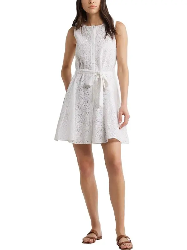 Caslon Sleeveless Cotton Eyelet Belted Dress - White