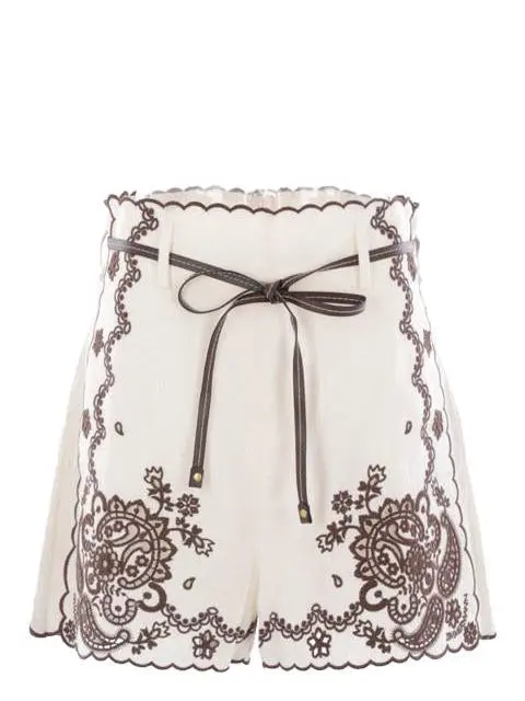 Zimmermann Linen Shorts With Embroidery And Leather Belt - Ivory+chocolate