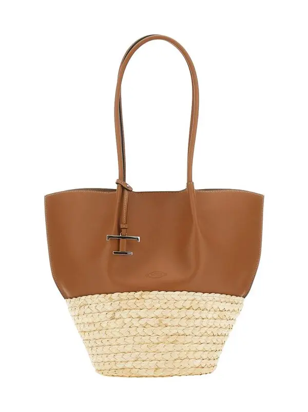 TOD'S Bux' Leather And Straw Shopper - Brown