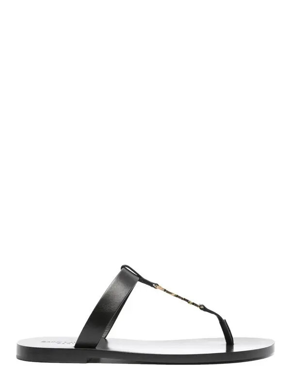 Saint Laurent Cassandre Leather Thong Sandals - Black