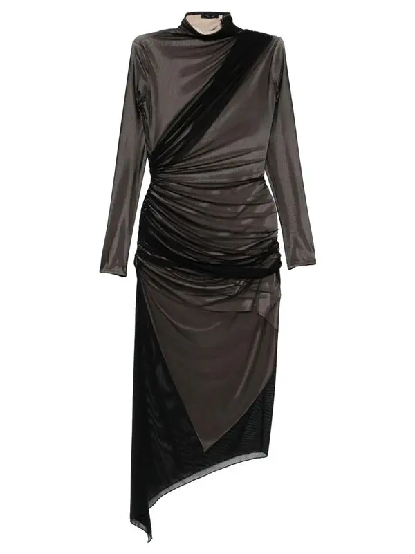 MUGLER Ruched Draped High Neck Dress - Black/champagne