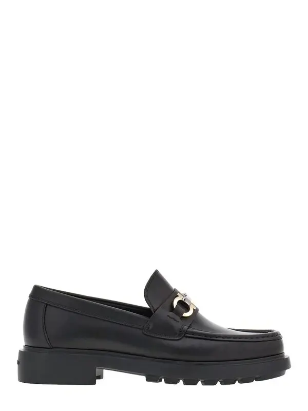 FERRAGAMO Gancini Plaque Leather Loafers - Black