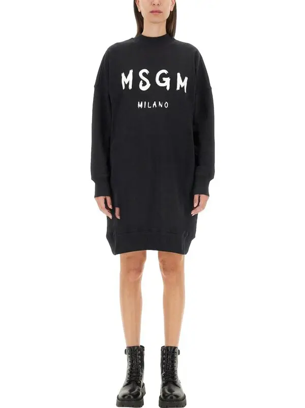 MSGM Brushed Logo Cotton Dress - Black