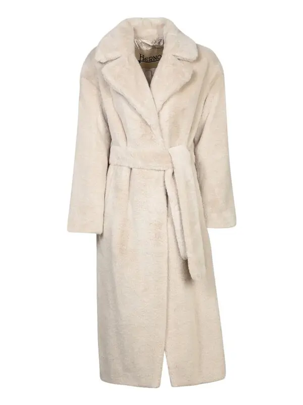 Herno Long Fur Coat With Belt - Beige