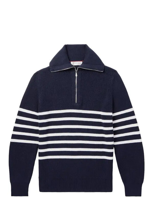 Brunello Cucinelli Striped Ribbed Cotton Half-zip Sweater - Blue