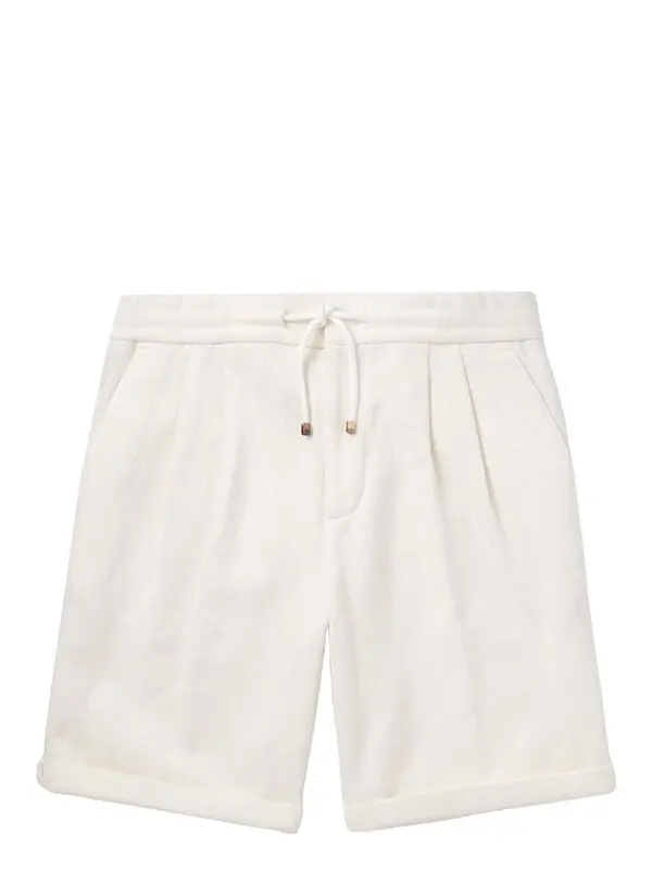 Brunello Cucinelli Straight-leg Pleated Cotton And Linen-blend Bermuda Shorts - White