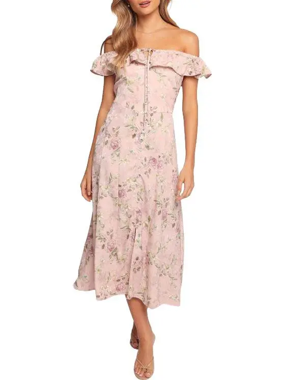 PETAL & PUP Floral Off-the-shoulder Midi Dress - Blush Rose