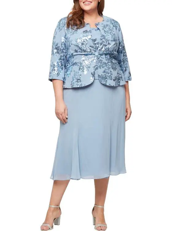 Alex Evenings Sequin Stretch Crepe Cocktail Dress & Jacket - Dusty Blue