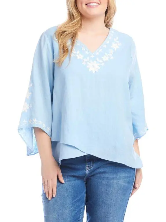 Karen Kane Floral Embroidered Linen-blend Asymmetric Hem Top - Lake