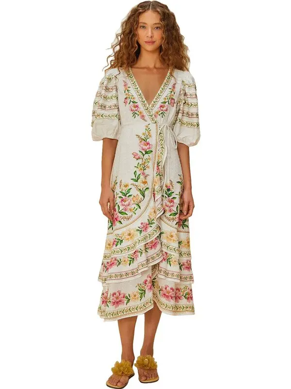 Farm Rio Off-white Palm Dream Wrap Midi Dress - Palm Dream Off-white