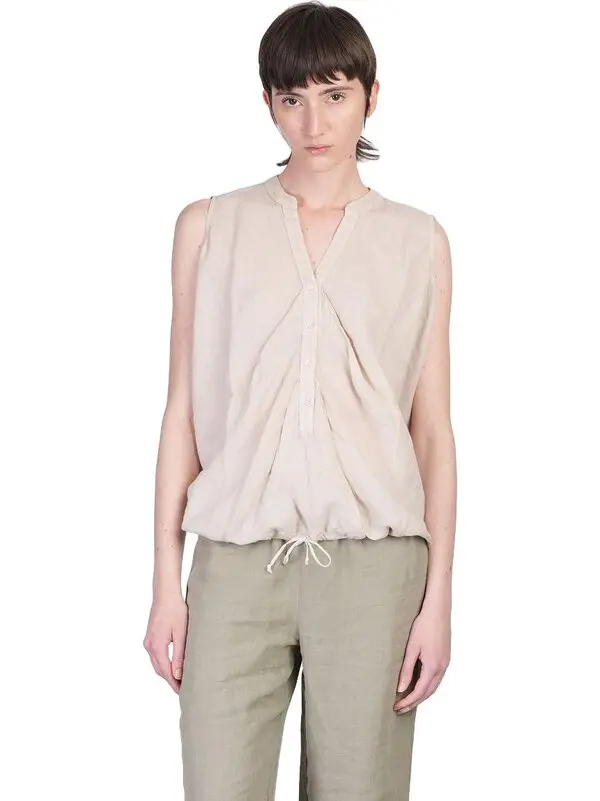 120% Lino Sleeveless Linen Top With Drawstring Hem - Brown