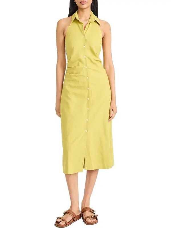 THE GOOD JOURNEY Sleeveless Linen Blend Halter Shirtdress - Peridot