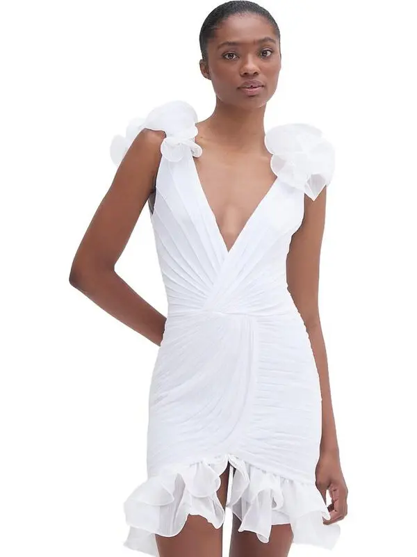 PatBO Silk Plisse Flutter Mini Dress - White