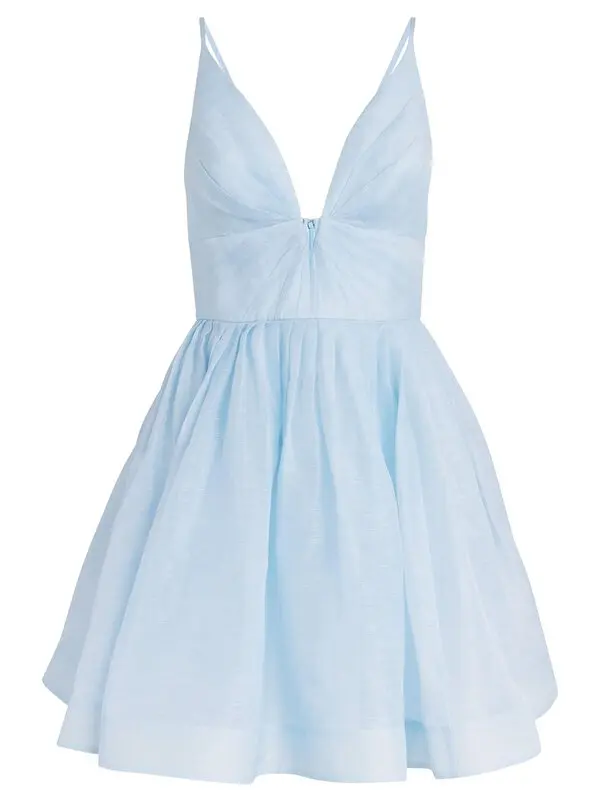 Zimmermann Linen-silk Plunge-neck Mini Dress - Blue