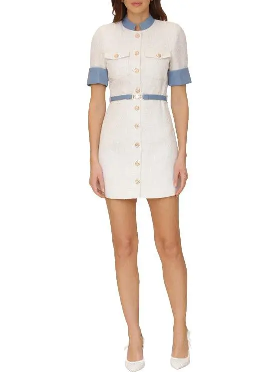 Avec Les Filles Rolled Cuff Tweed Mini Dress - Ivory Denim