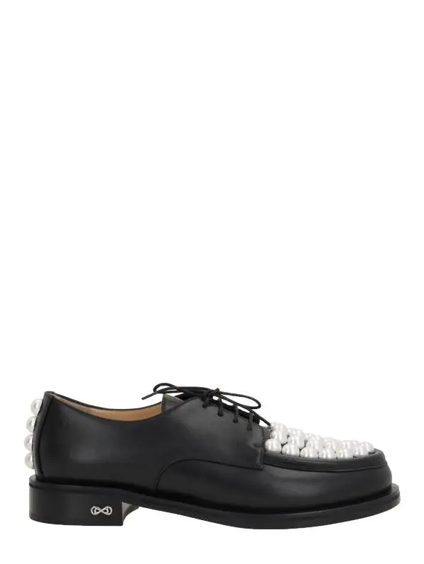 Mach & Mach Lace-up Leather Loafers With Pearl Embellishments - Black & White