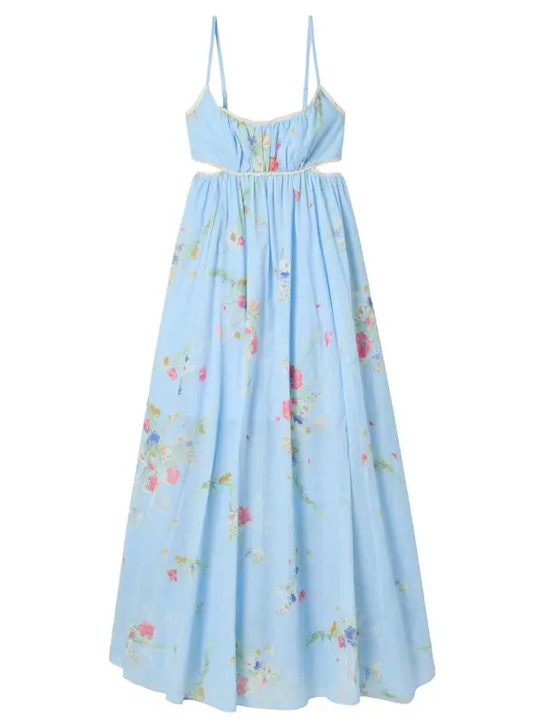 Zimmermann Lucky Picnic Cutout Crocheted Lace-trimmed Printed Maxi Dress - Blue