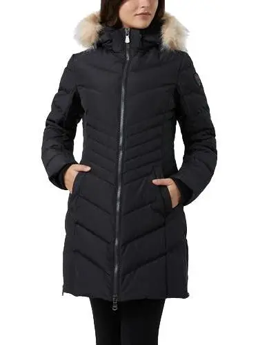 Pajar Faux Fur Trim Chevron Quilted Mid-length Coat - Black/crystal