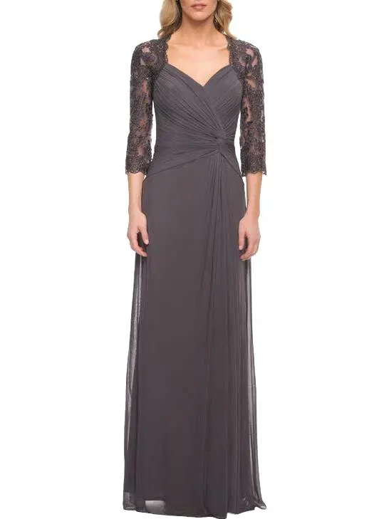 LABOMME Jersey Gown With Lace Sleeves And Knot Detail - Gunmetal