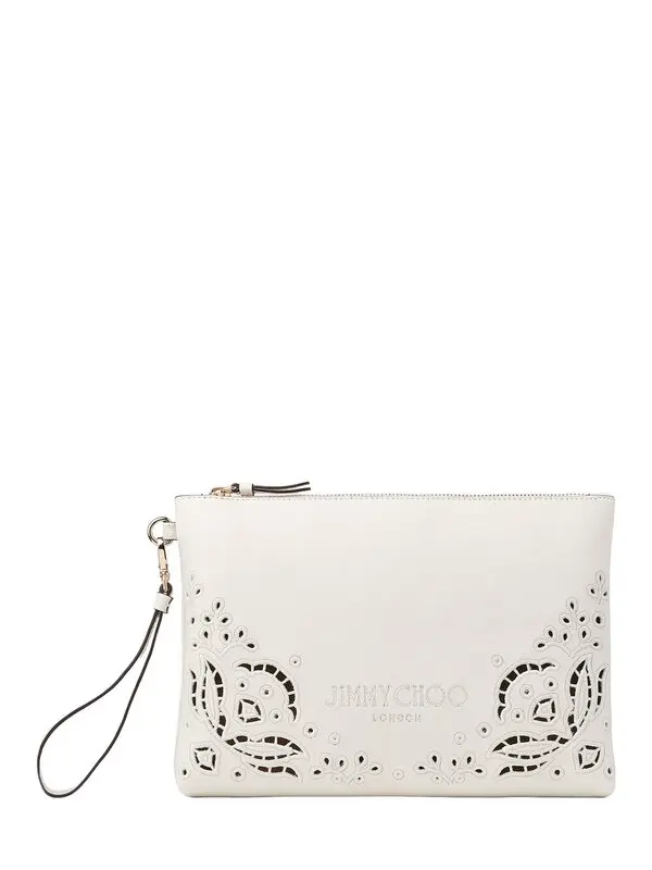 JIMMY CHOO Zipped Flat Latte Leather Pouch With Sangallo Embroidery - Latte/light Gold