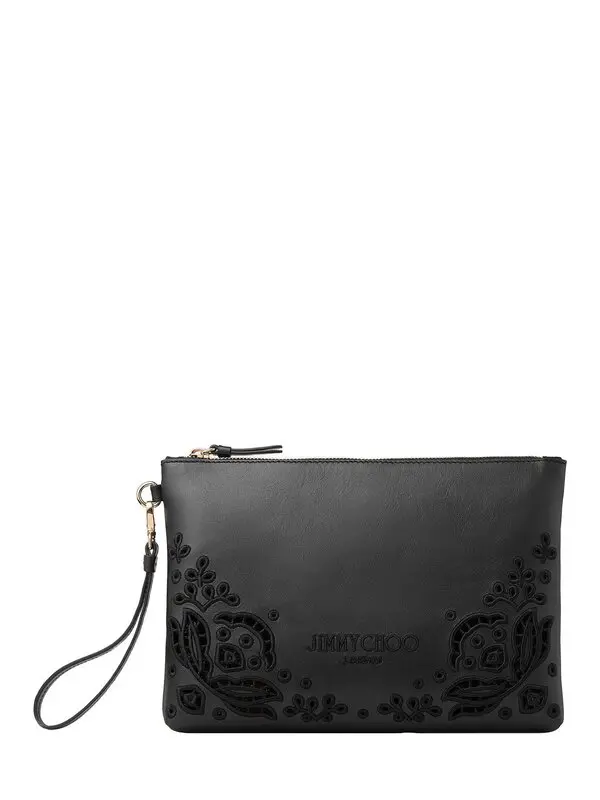 JIMMY CHOO Zipped Flat Pouch With Sangallo Embroidery - Black