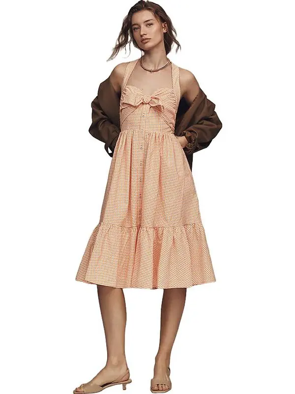 Maeve Halter Bow-front Midi Dress - Orange Gingham