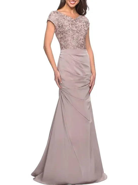 LABOMME Long Jersey Ruched Gown With Embellished Top - Champagne